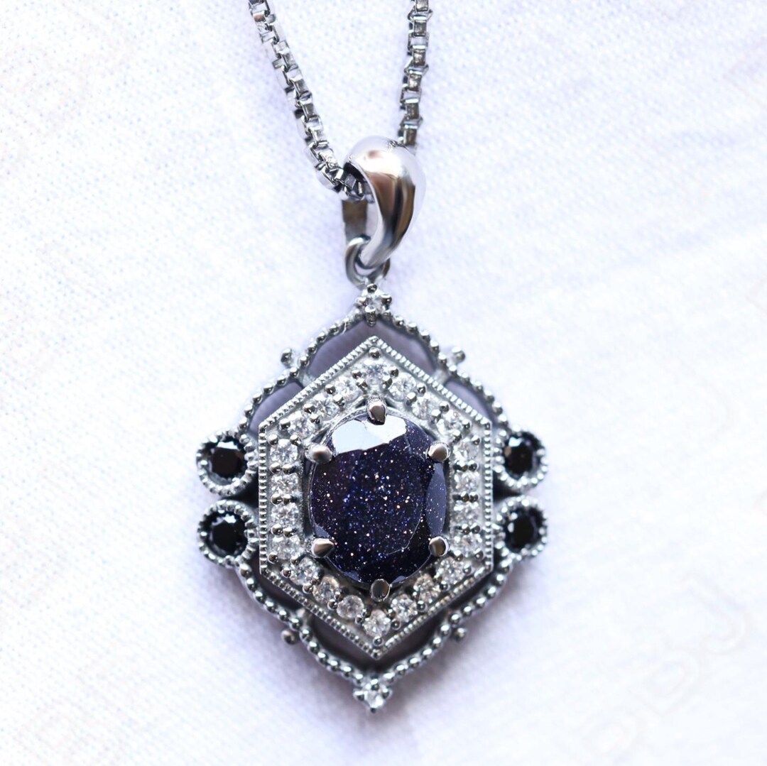 Blue Sandstone 925 Silver Necklace: Black Rhodium Halo Pendant - Etsy