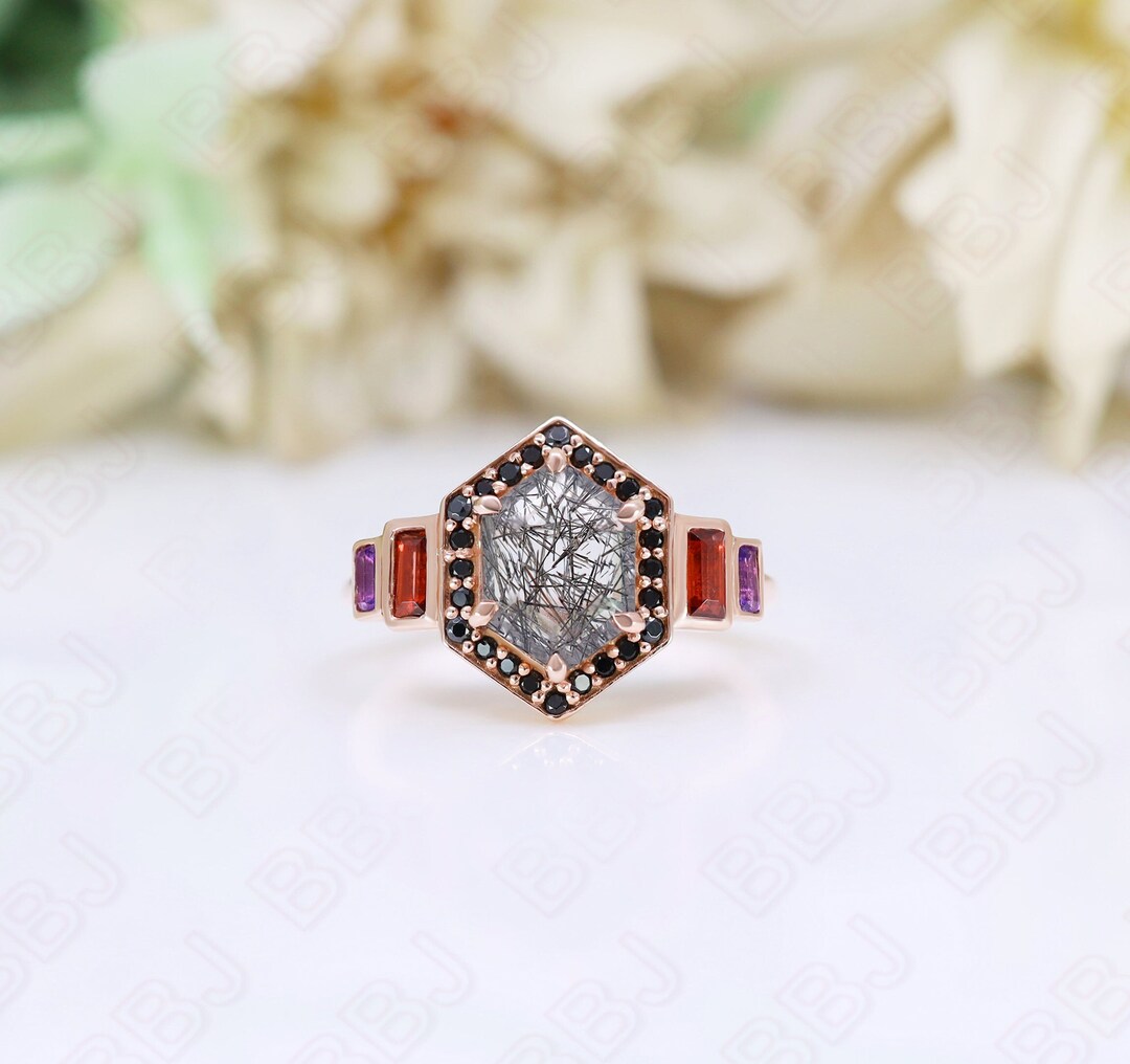 Hexagon Black Rutilated Quartz 925 Silver 14K Rose Gold Halo Engagement ...