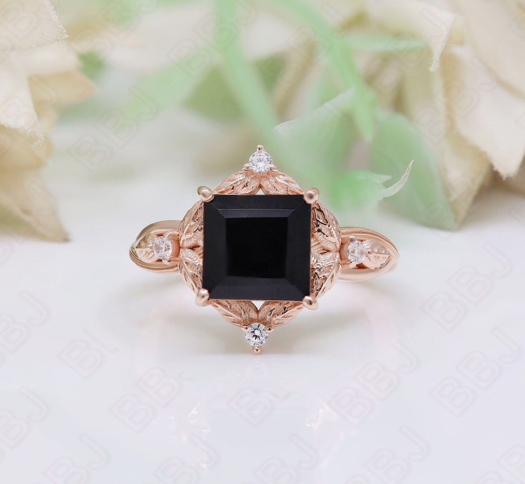 Square Black Onyx Ring, Art Deco Leaf Design, Tsavorite Accents - Etsy