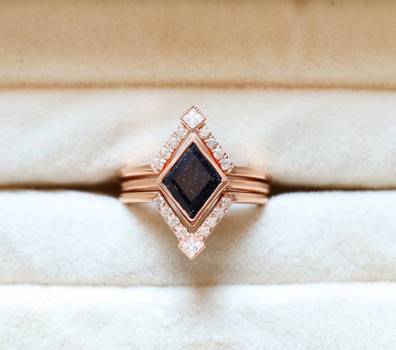 Kite Blue Sandstone Ring Set: 925 Silver, 14K/18K Rose Gold Wedding ...