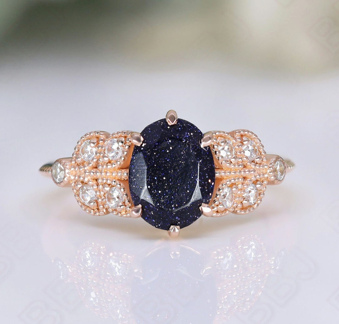 Oval Blue Sandstone Gemstone 925 Silver 14K 18K Rose Gold Solitaire ...