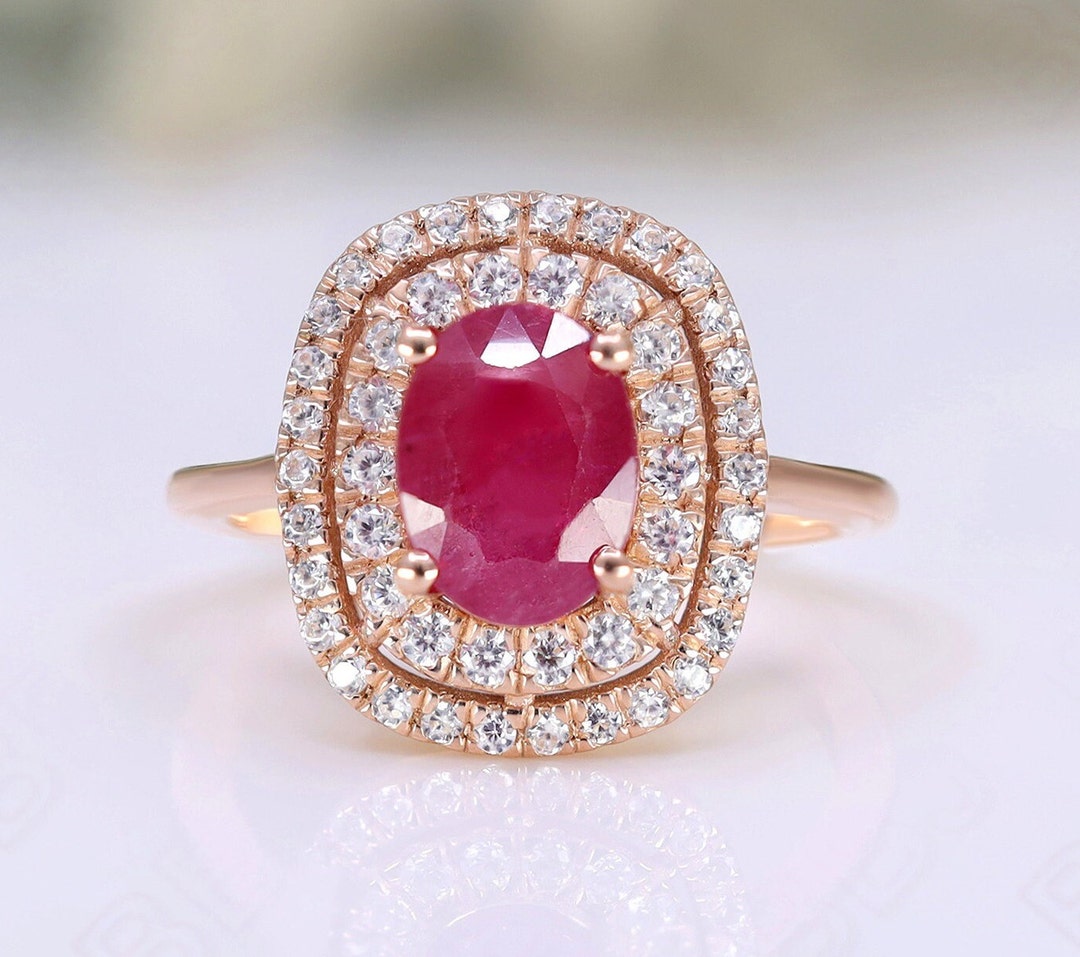 Oval Natural Ruby Ring: 14K Rose Gold Diamond Halo Statement Ring - Etsy