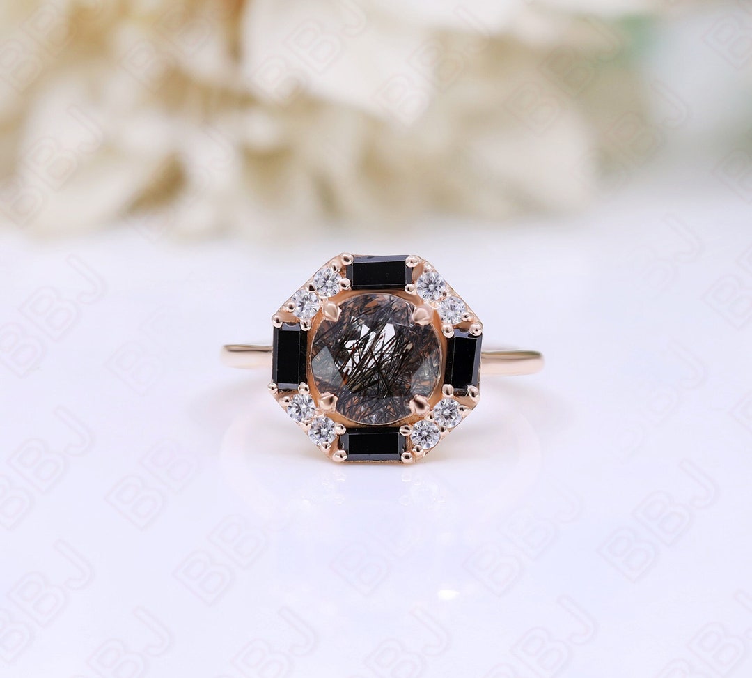 Round Black Rutilated Quartz 925 Silver 14K 18K Rose Gold Art Deco Ring ...