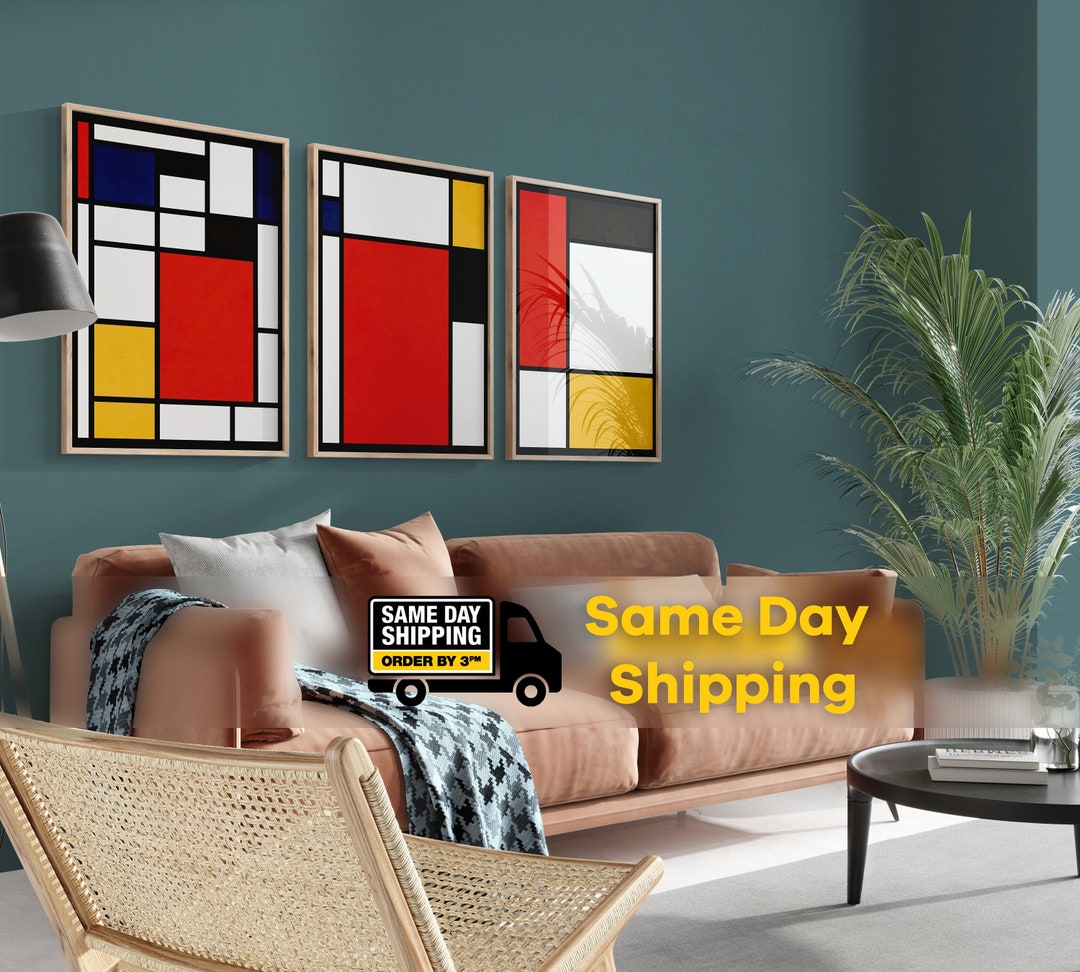 Woobe 3 Piece Framed Canvas Wall Art Abstract Piet Mondrian Print Set ...
