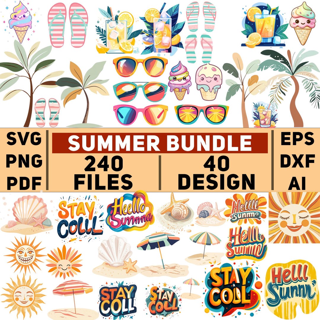Summer Vibes SVG Bundle | Retro Summer Quotes & Beach Elements for ...