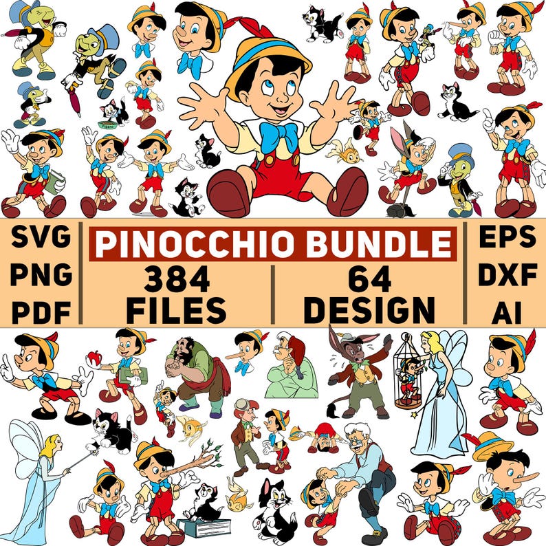 Pinocchio SVG Bundle | 64 Designs | Png Dxf Eps Pdf Ai Svg | Disney ...