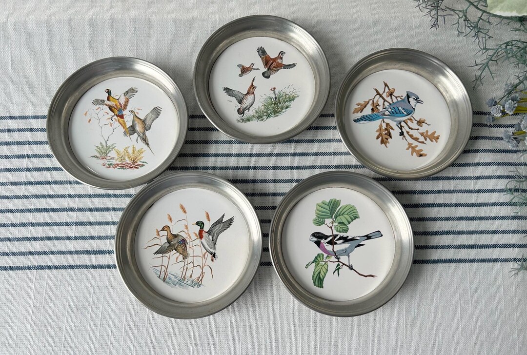 Vintage Pewter Coasters Fowl and Wild Song Birds Ceramic Set in Revere ...