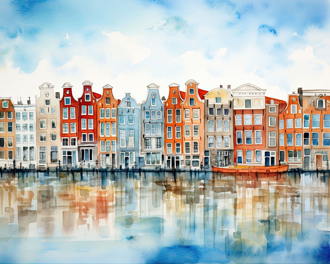 Amsterdam Watercolor, Amsterdam Art, Amsterdam Painting, Vintage ...