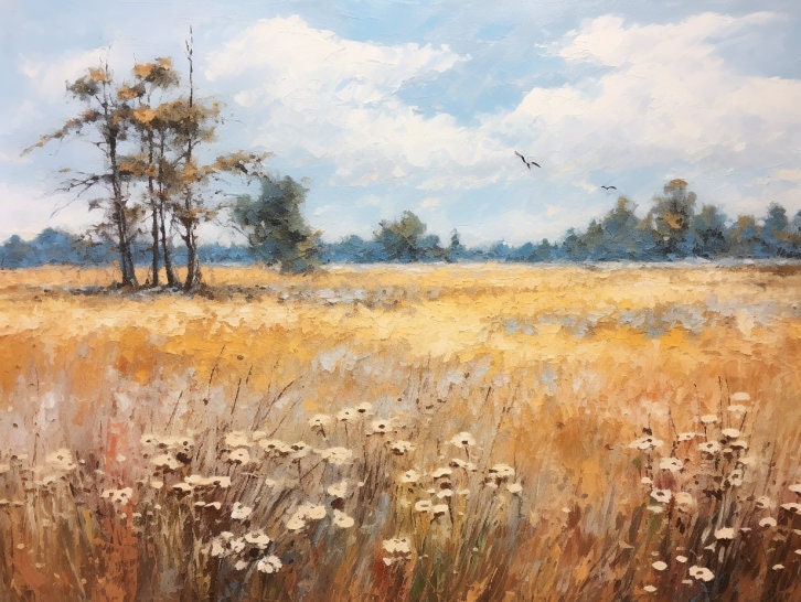 Field of Brown Grass and Trees Oil Painting Print - Etsy