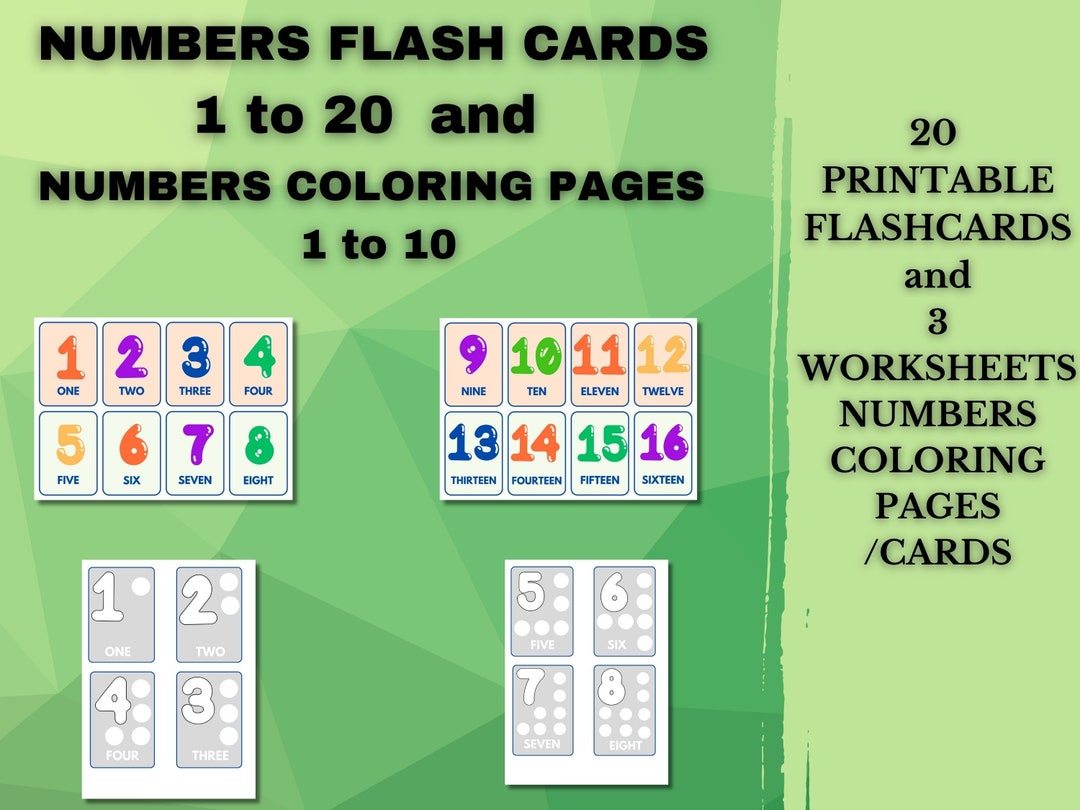 Numbers Flash Cards 1 to 20, Numbers Coloring Pages, Flash Cards Set ...