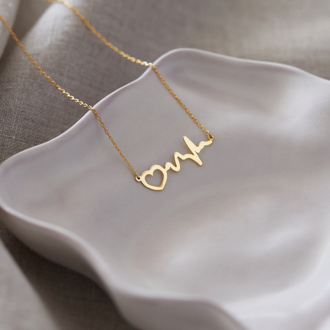 14K Solid Gold & Sterling Silver Heartbeat Necklace | Heart Charm ...