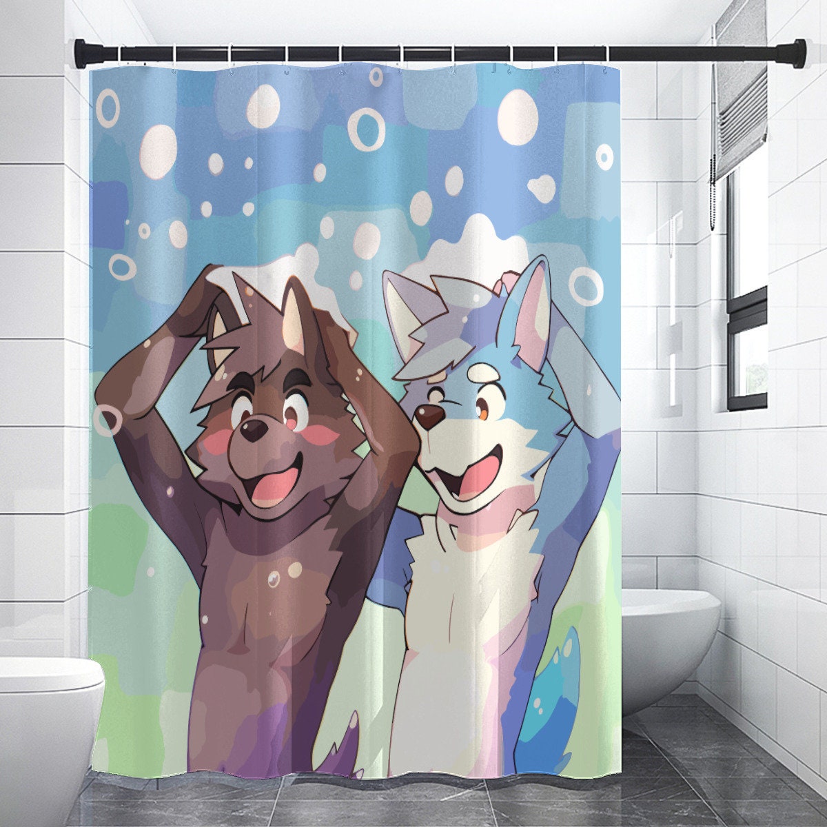 Two Fursonas Shower Curtain Sudsy Bath Steamy Furry Bathroom Art ...