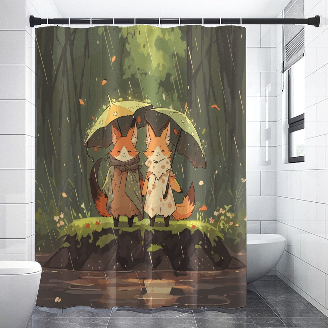 Cartoon Fox Couple Shower Curtain - Holding Umbrellas in the Rain ...