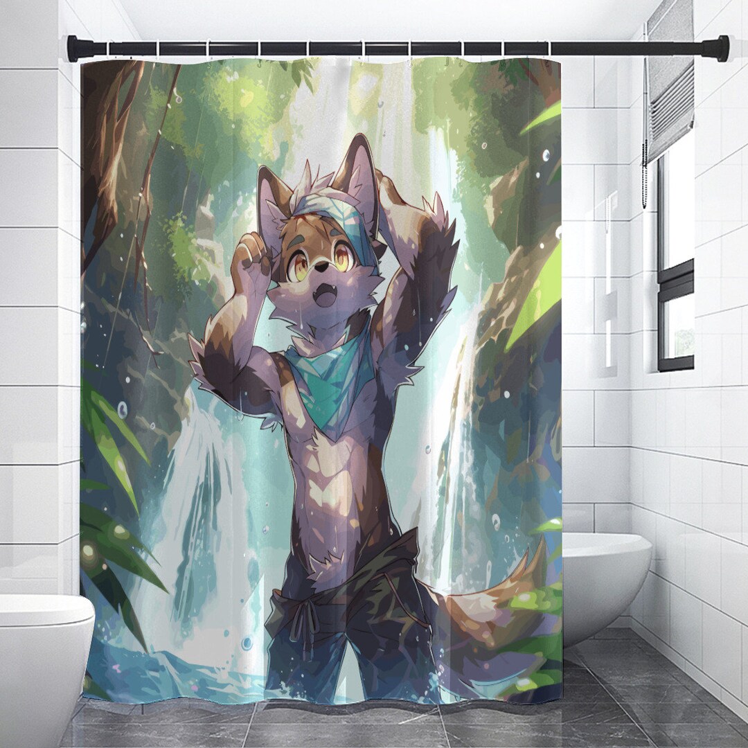 Black Fox Shower Curtain - Bathing in a Waterfall - Steamy Furry ...