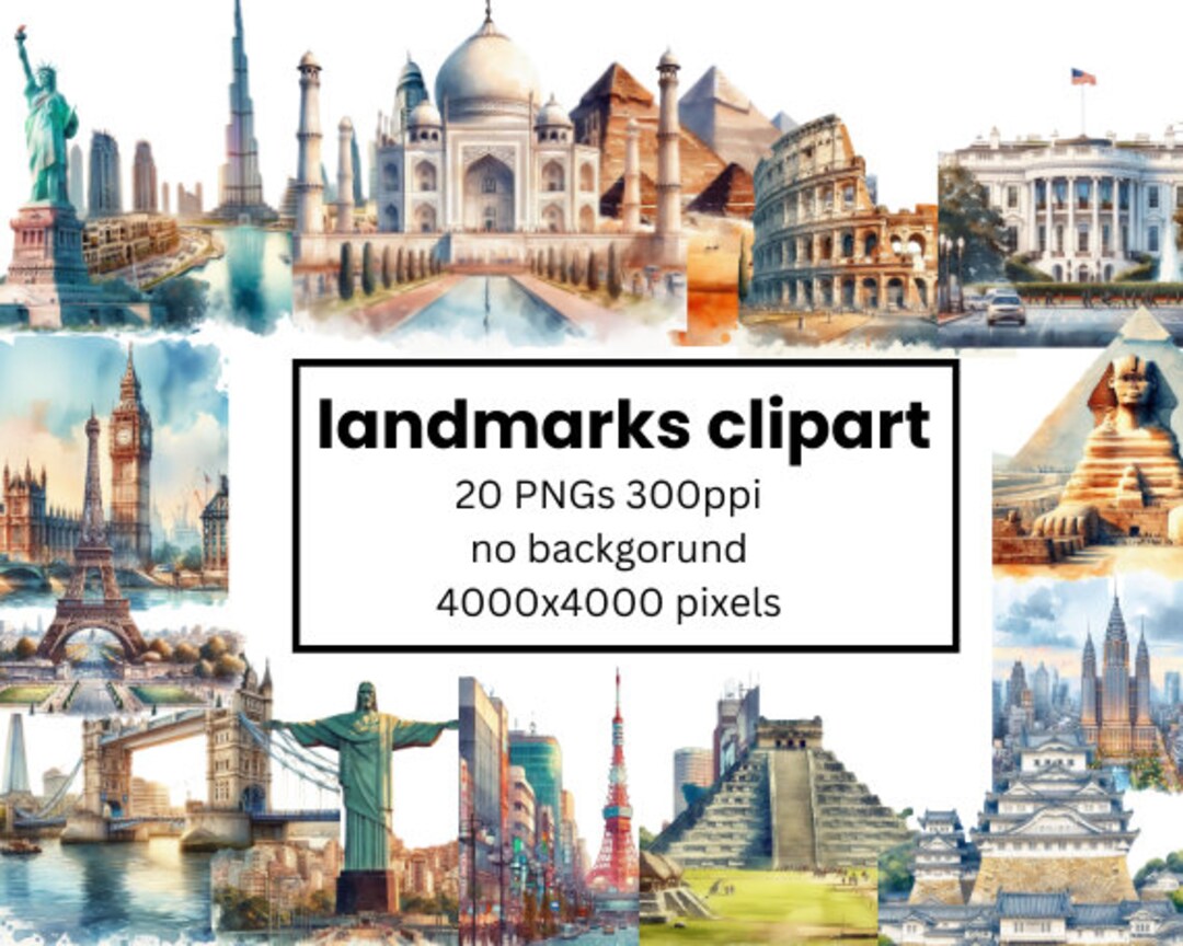 Watercolor 20 Worldwide Famous Landmark Clipart-7 Wonders of the World ...