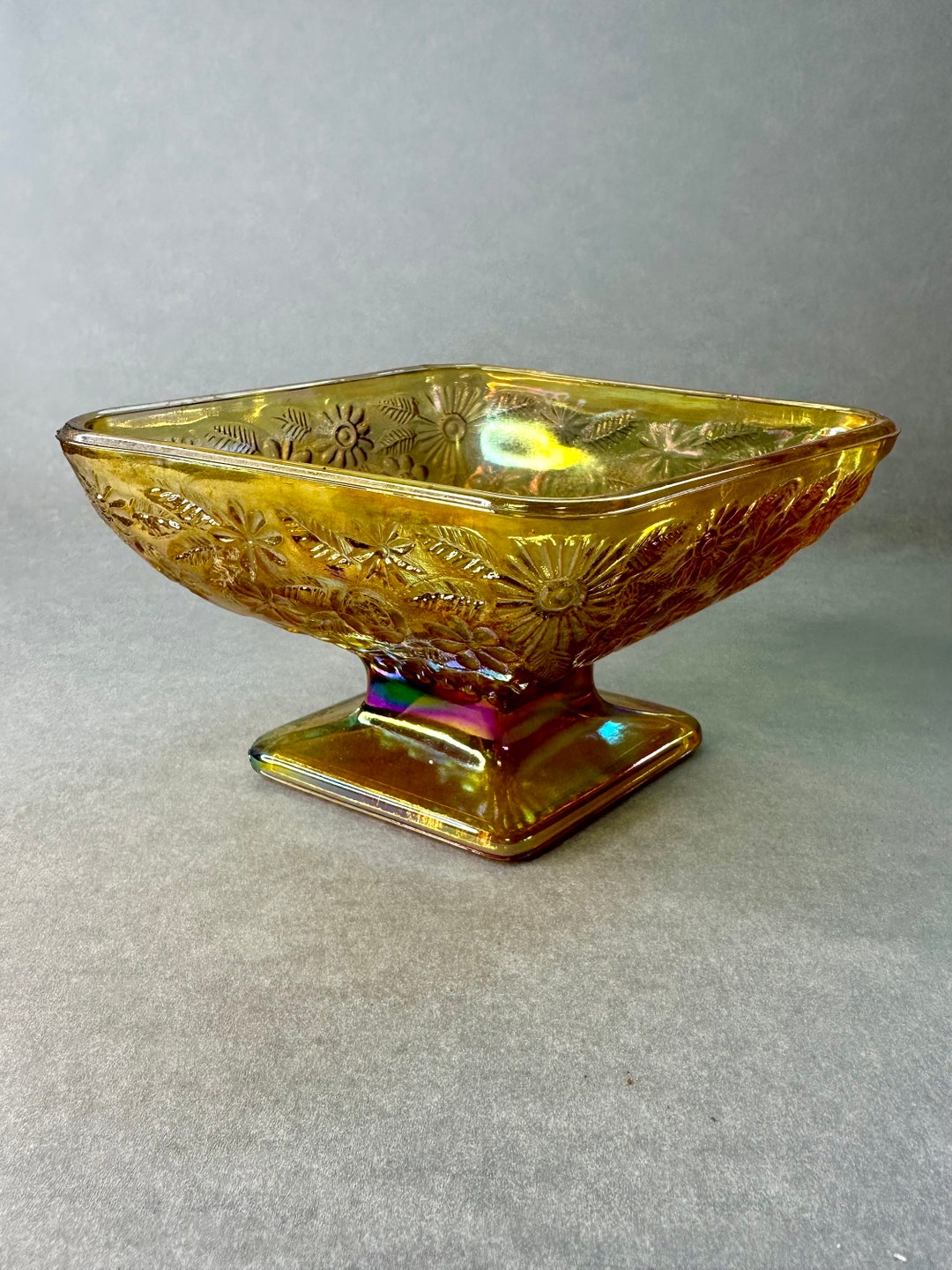 Vintage Marigold Carnival Glass Candy Dish, Diamond Shaped With ...