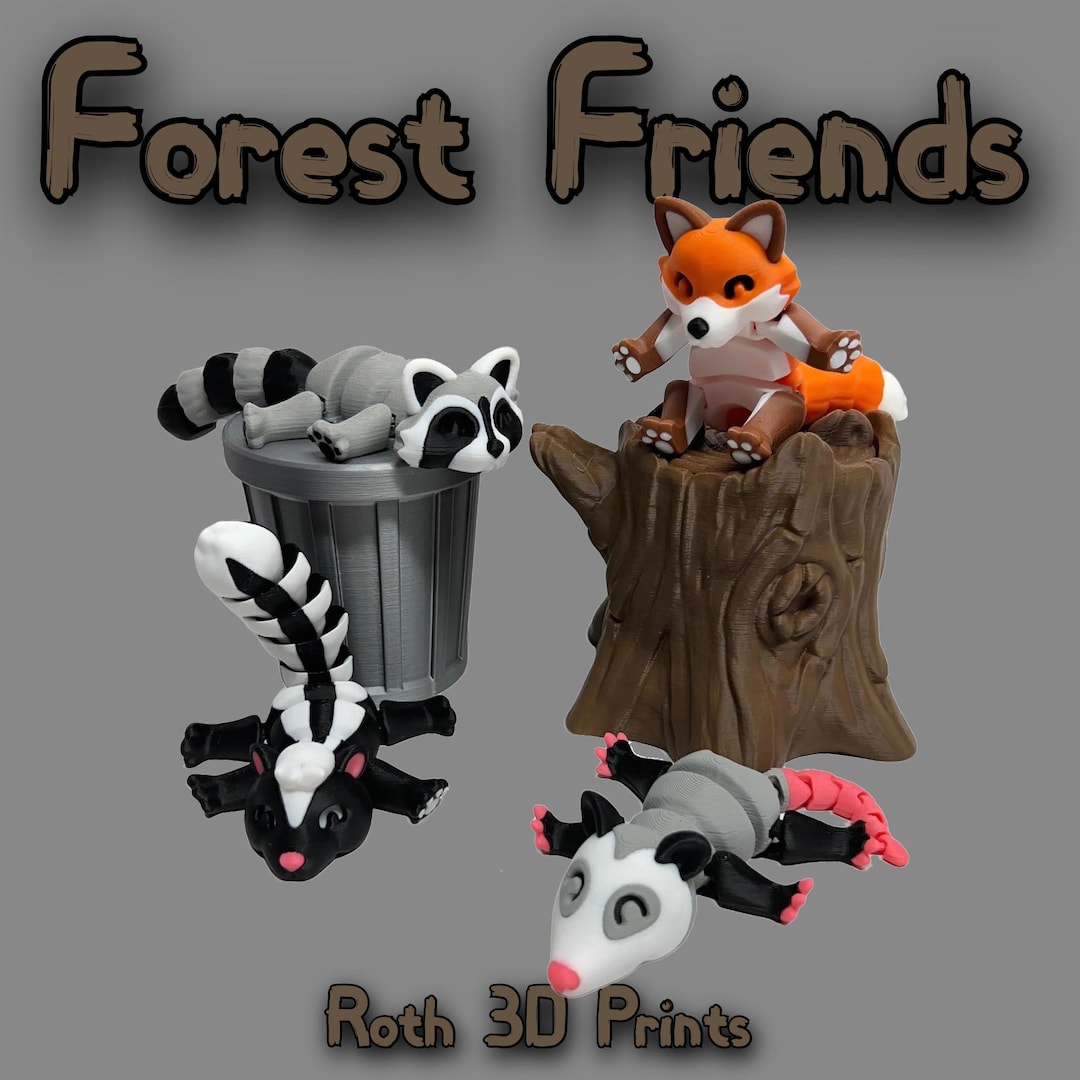 3D Printed Articulated Forest Animal Figures: Fox, Raccoon, Skunk ...