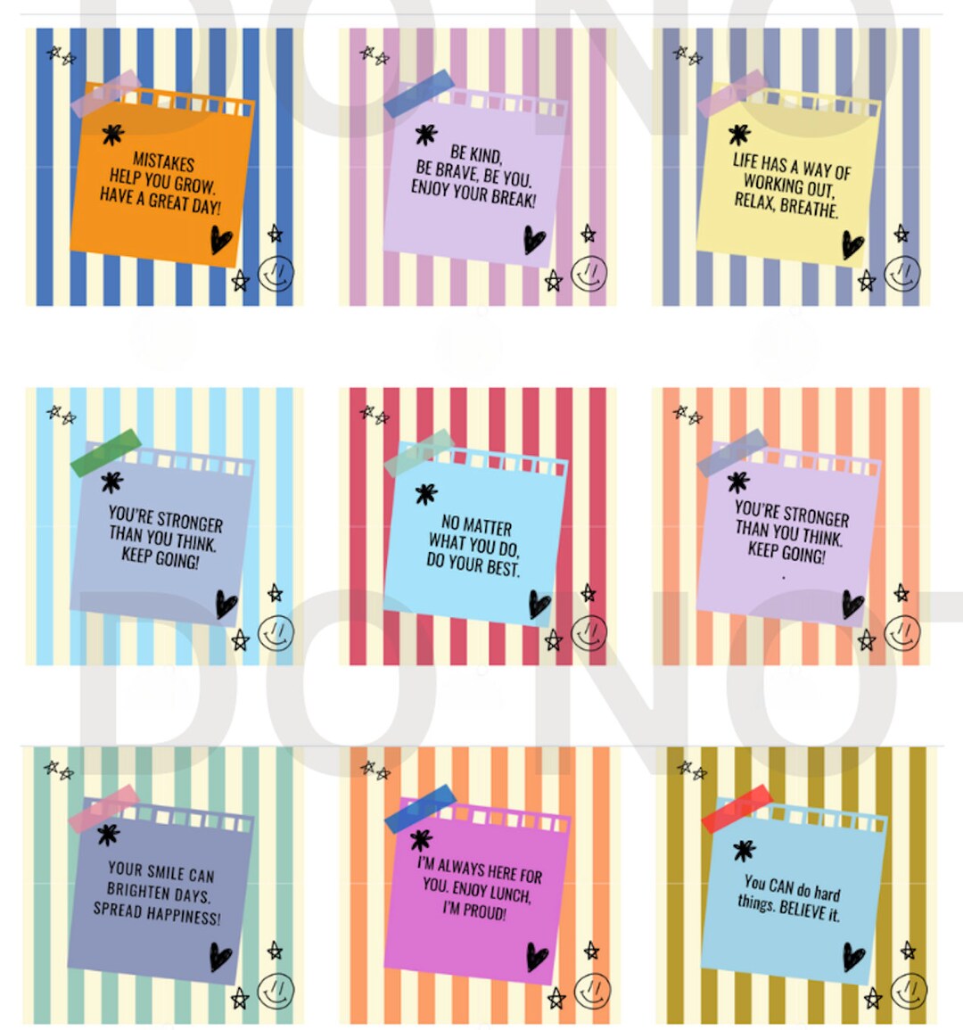 DIGITAL BUNDLE Lunch Box Notes for Kids Striped, Lunch Box Note Card ...