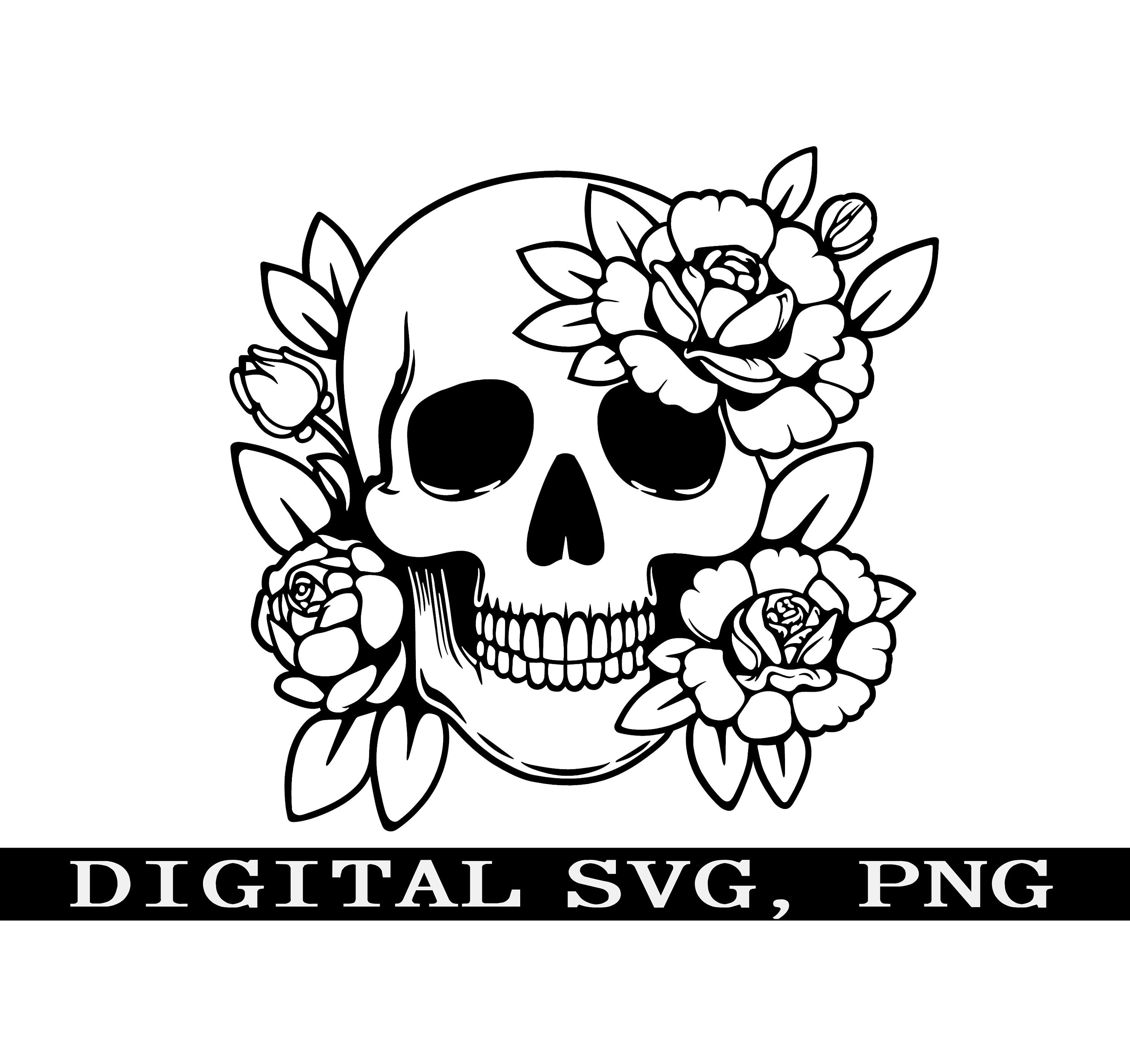 Skull Roses, Skull Flowers, Skull Svg, Floral Svg, Skull Png, Instant ...