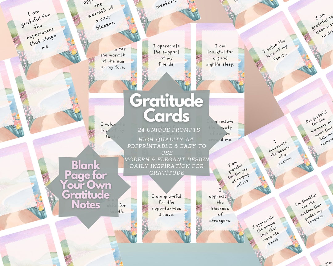 Gratitude Cards PDF Printable, 24 Unique Prompts, A4 High-quality ...