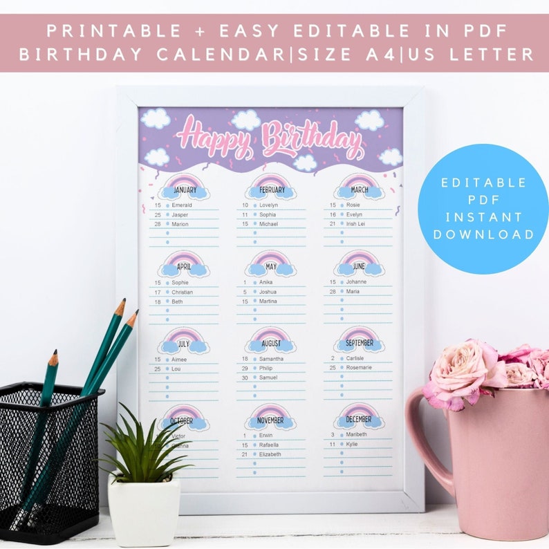 EDITABLE Printable Pdf Birthday Calendarfree Editable Monthly Birthday ...