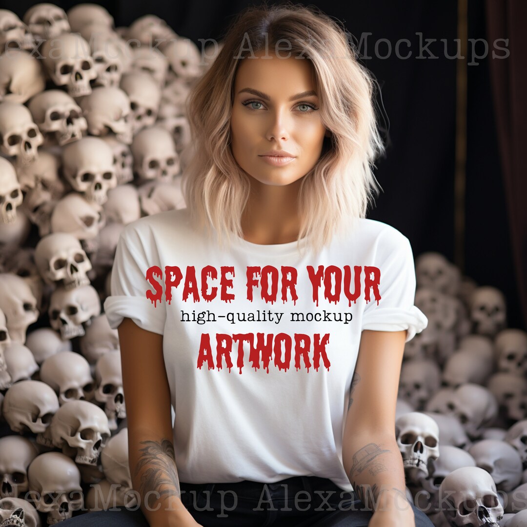 Skeleton Halloween Shirt Mockup Halloween Emo Mockup White Bella Canvas ...