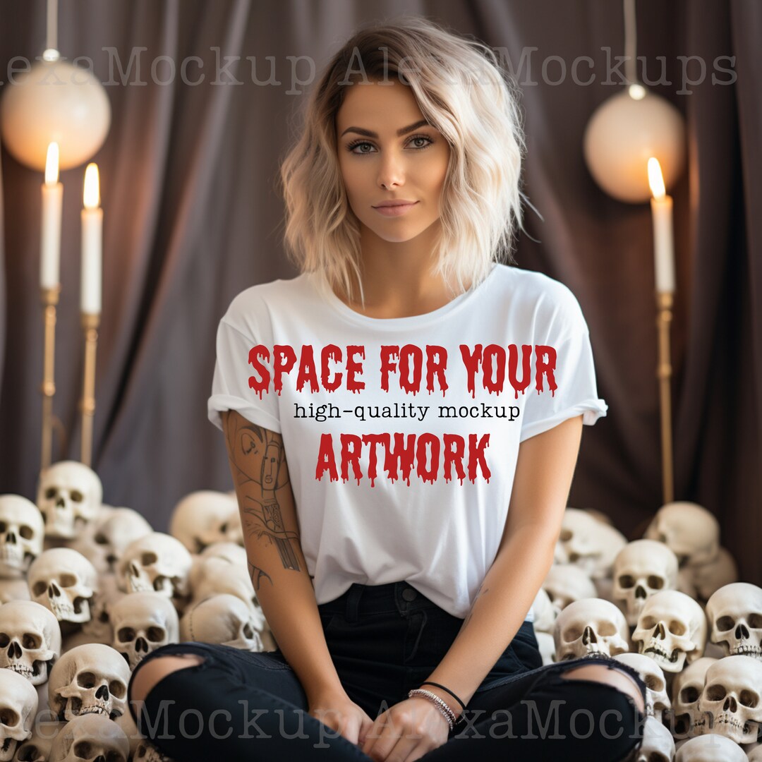 Skeleton Halloween Shirt Mockup Halloween Emo Mockup White Bella Canvas ...