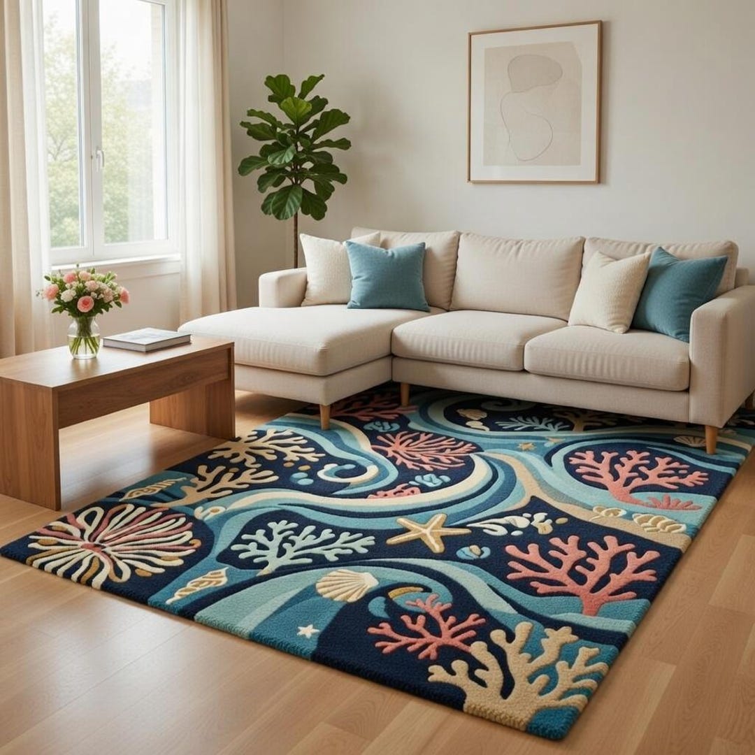 Coastal Coral Reef Rug, Ocean Wave Nautical Living Room Decor - Etsy