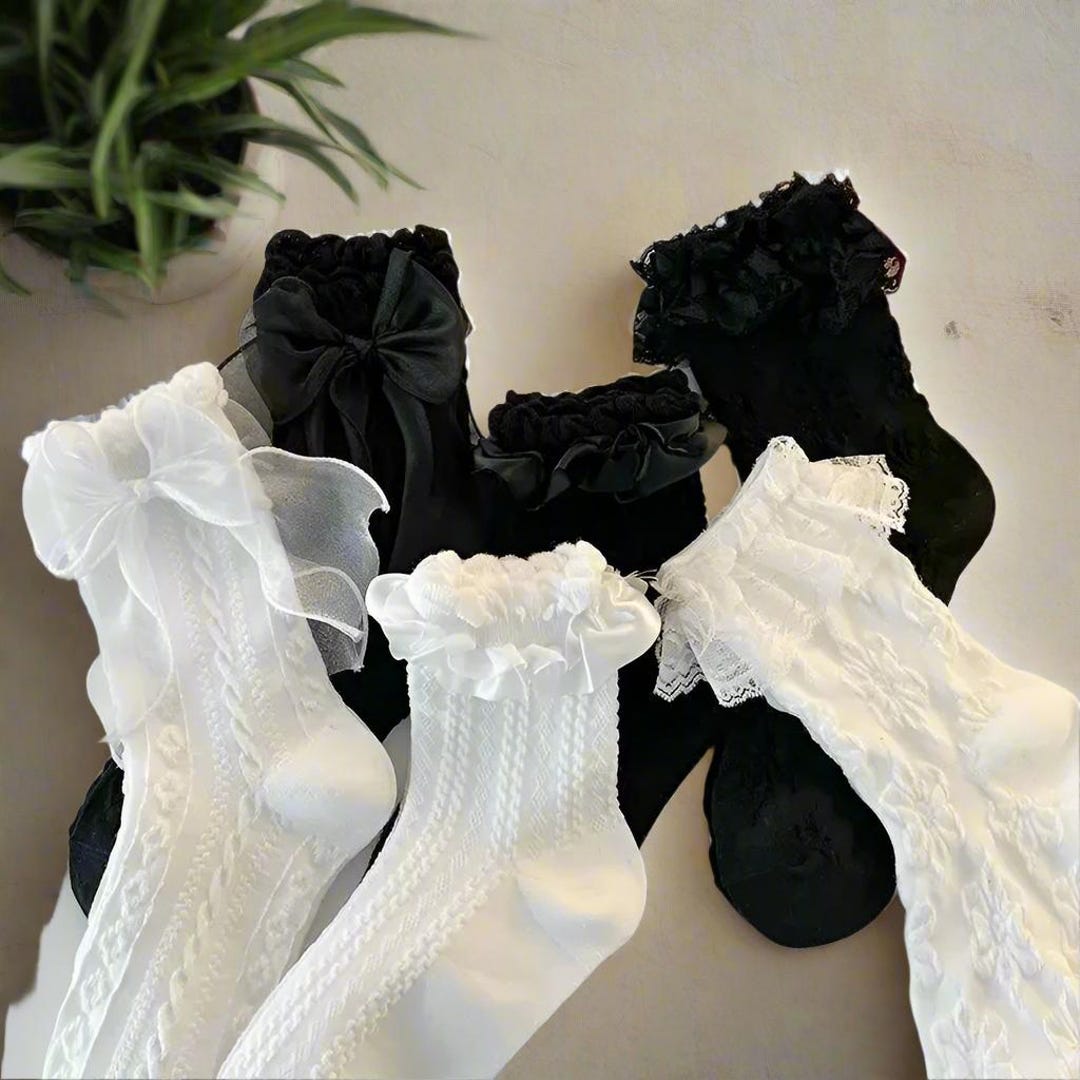 Lace Bow Socks, 6 Pack, Women Socks, Socks With Bows, Lace Socks, Black ...