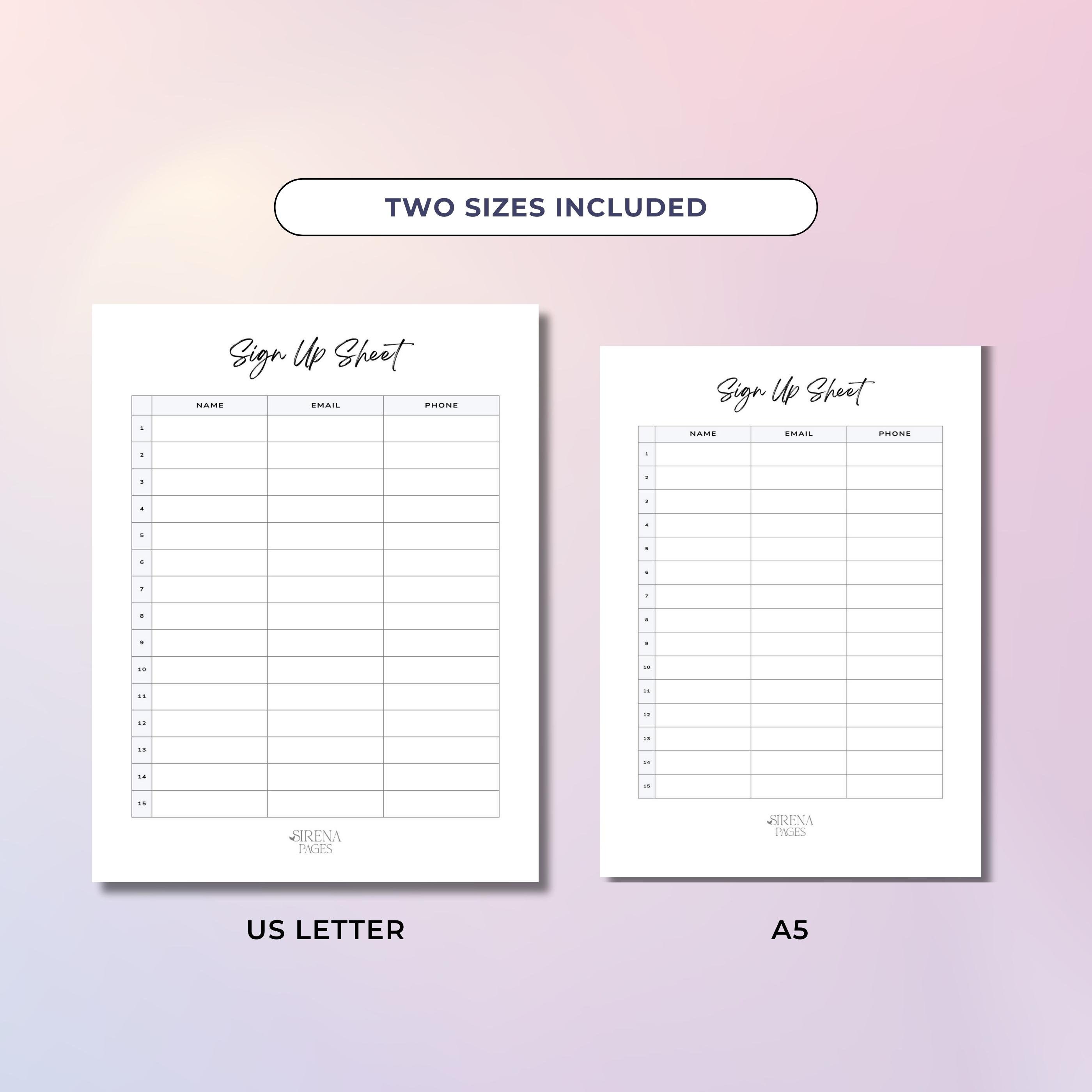 Sign up Sheet Printable Sign up Sheet Template, Printable Sign up Form ...