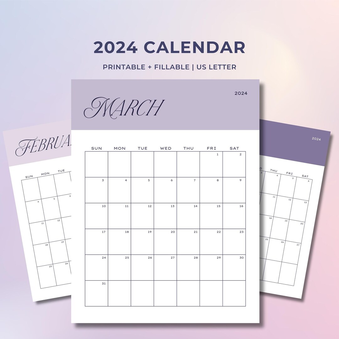 2024 Calendar Printable Monthly Calendar Printable 2024, Purple Monthly ...