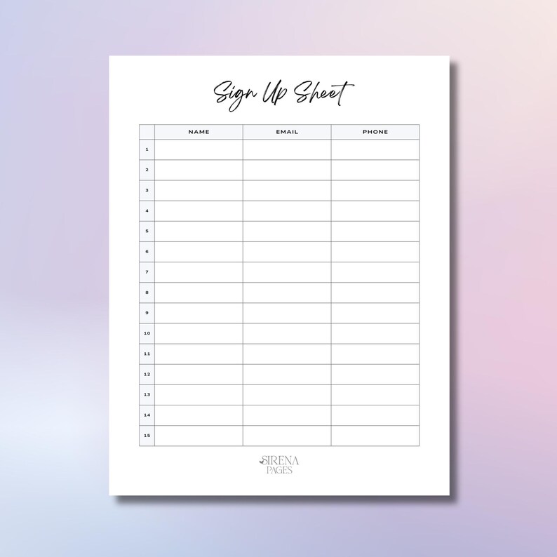 Sign up Sheet Printable Sign up Sheet Template, Printable Sign up Form ...