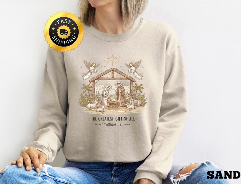 Nativity Scene Christian Christmas Sweatshirt, Faith Jesus Xmas Hoodie ...