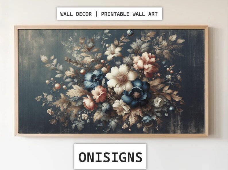 Flower Painting Frame TV Art, Antique Dark Green Peach Wildflower ...