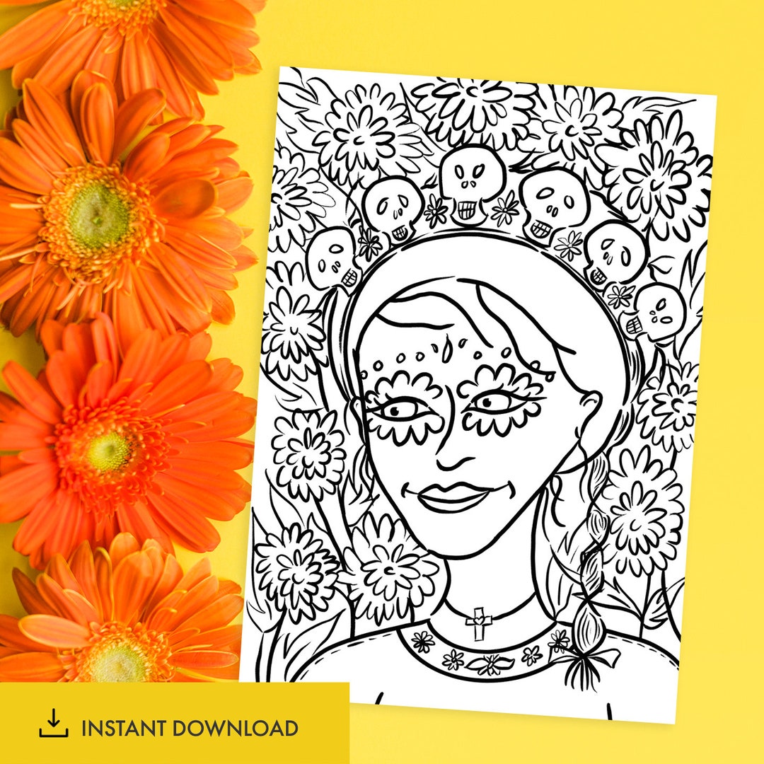 Floral Sugar Skull Girl Coloring Page: Dia De Los Muertos Art (digital ...