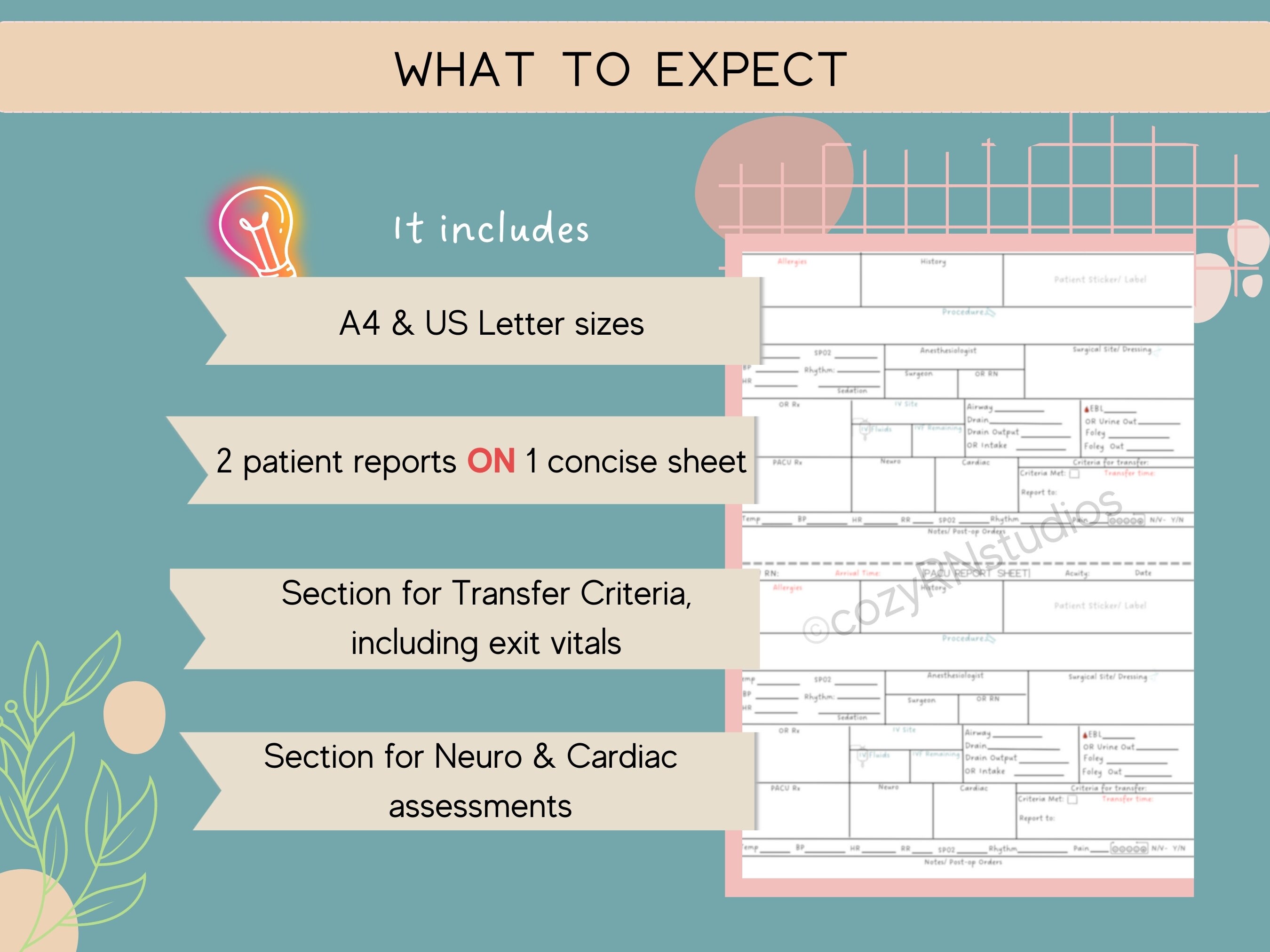 2 in 1 PACU RN Report, Perioperative Care, Report Sheet, Post Surgery ...