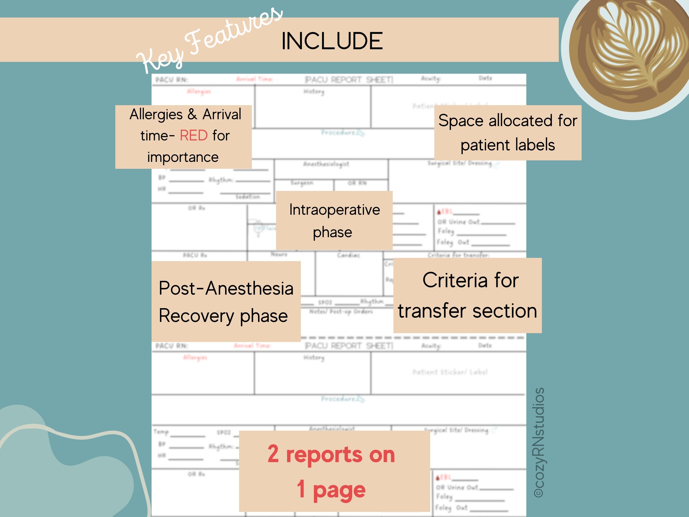 2 in 1 PACU RN Report, Perioperative Care, Report Sheet, Post Surgery ...