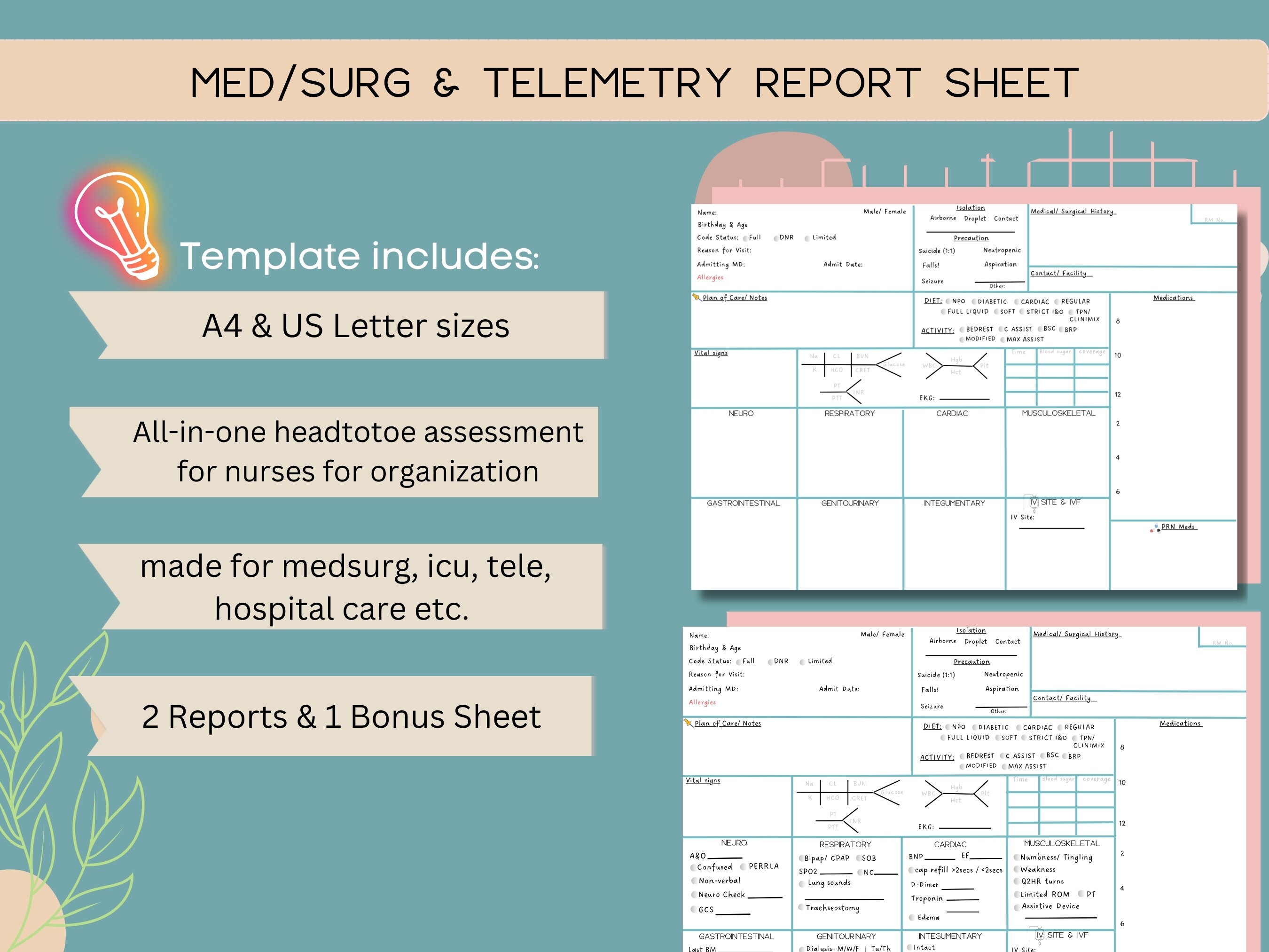All in One Med Surg Report Sheet, Telemetry, Sbar Nurse Report, Handoff ...