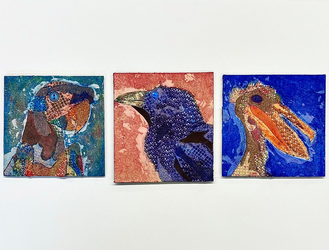 8.5x11 Collagraph Birds Matted Art Print-'ornithology'-three Birds on ...
