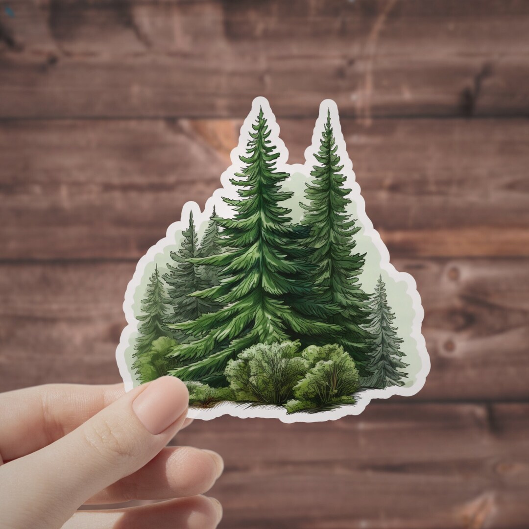 Pine Tree Waterproof Vinyl Sticker, Green Grassy Cedar Woods, Sticker ...