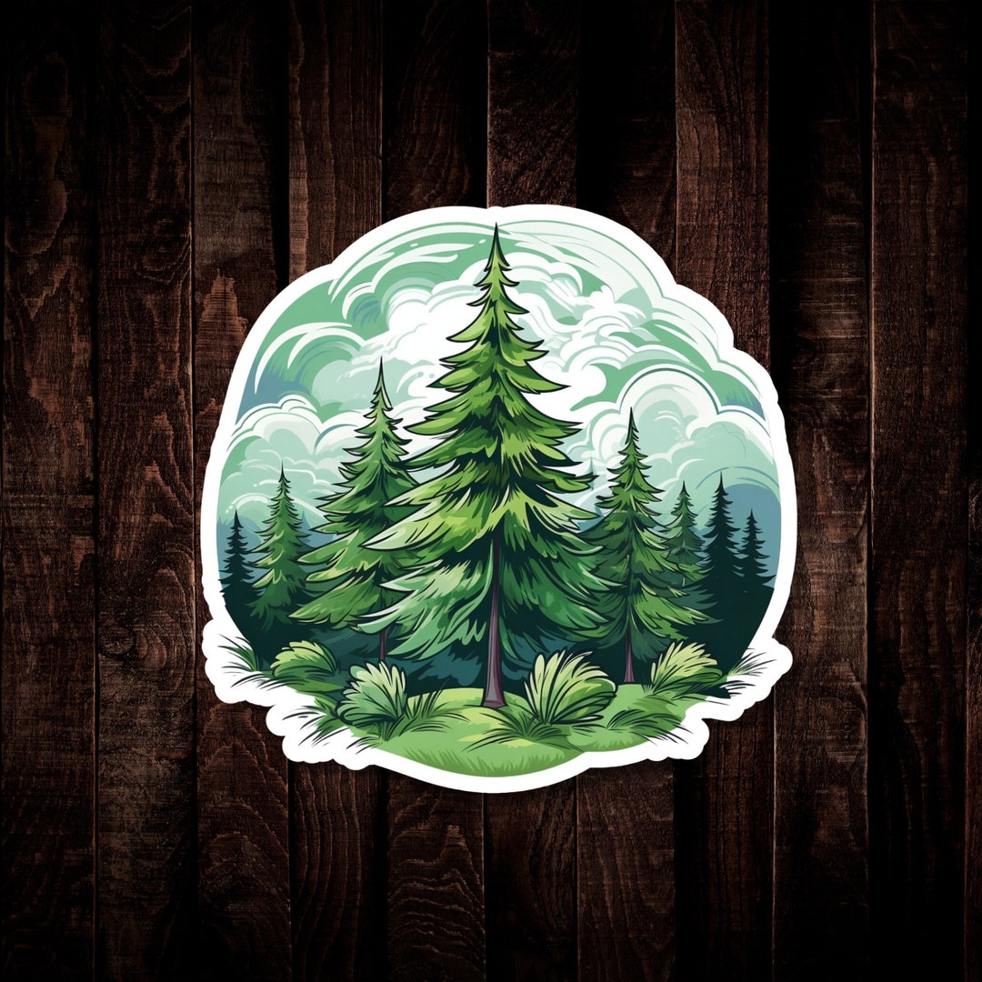 Pine Tree Waterproof Vinyl Sticker, Green Grassy Cedar Woods, Sticker ...