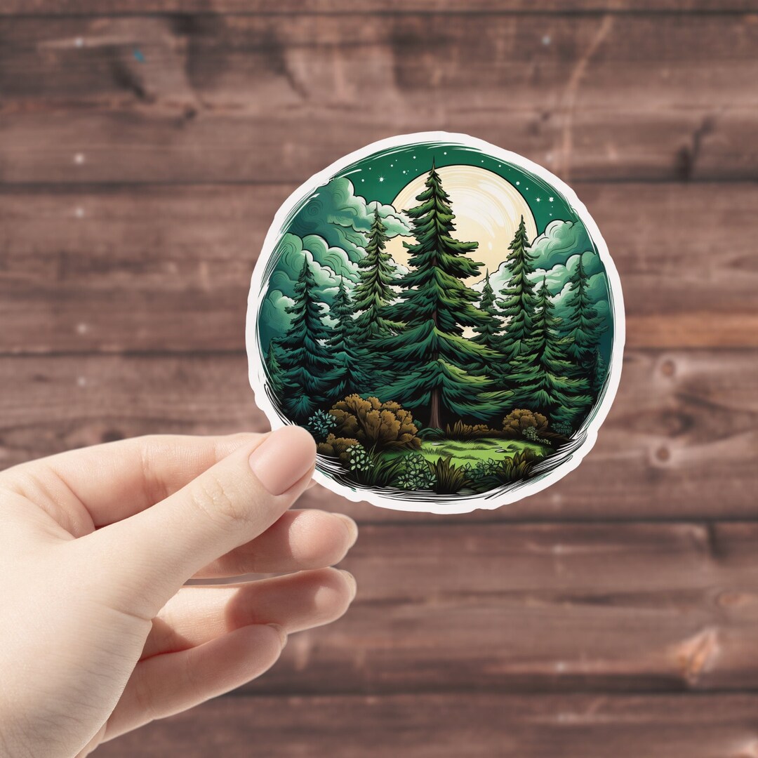 Pine Tree Waterproof Vinyl Sticker, Full Moon Cedar Woods, Sticker for ...