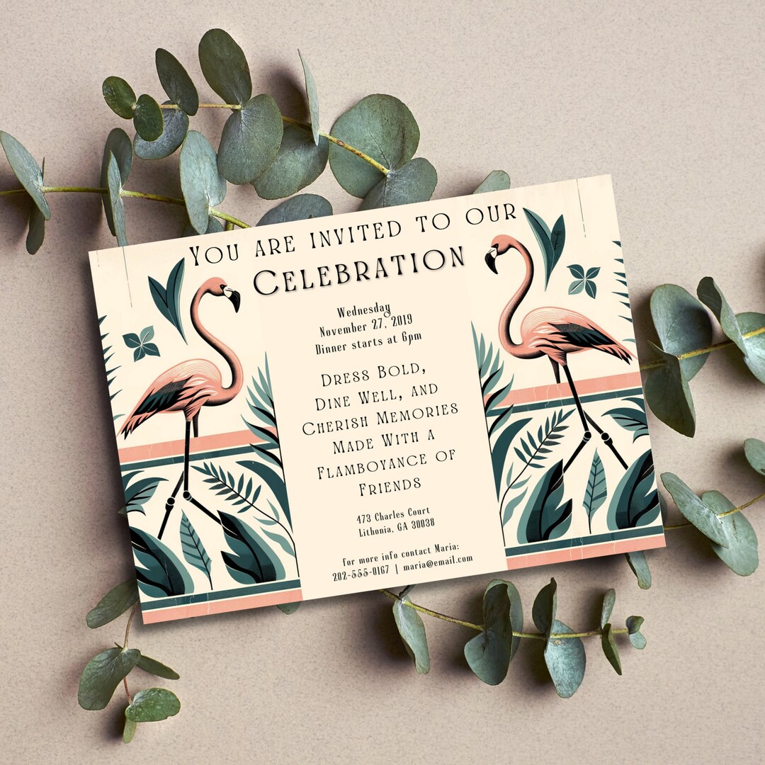 Editable Flamingo Invitation Template Bundle Canva 5x7, Square, and ...