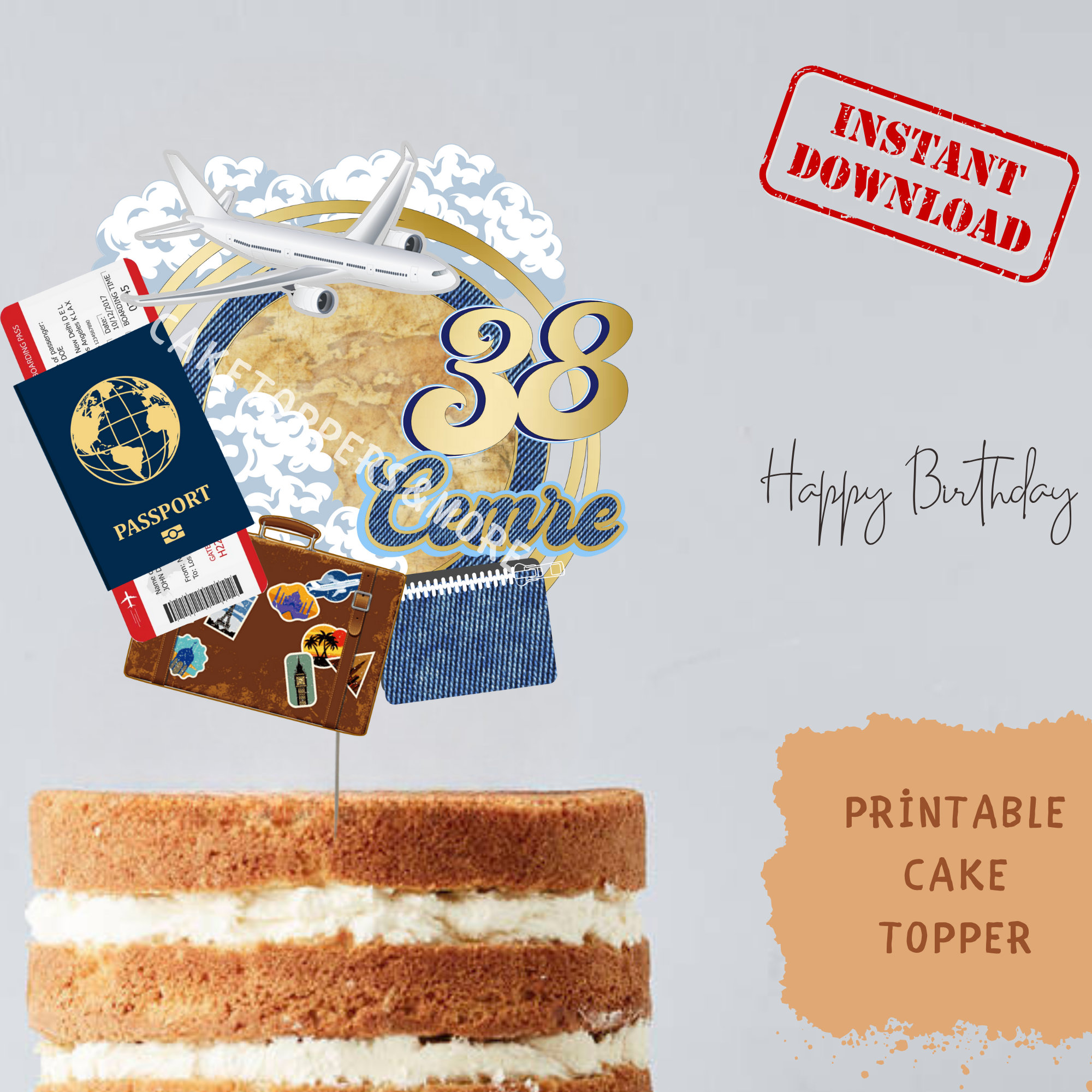 DIGITAL TRAVEL THEMED Cake Topper Trip Travel Suitcase Themed Digital ...