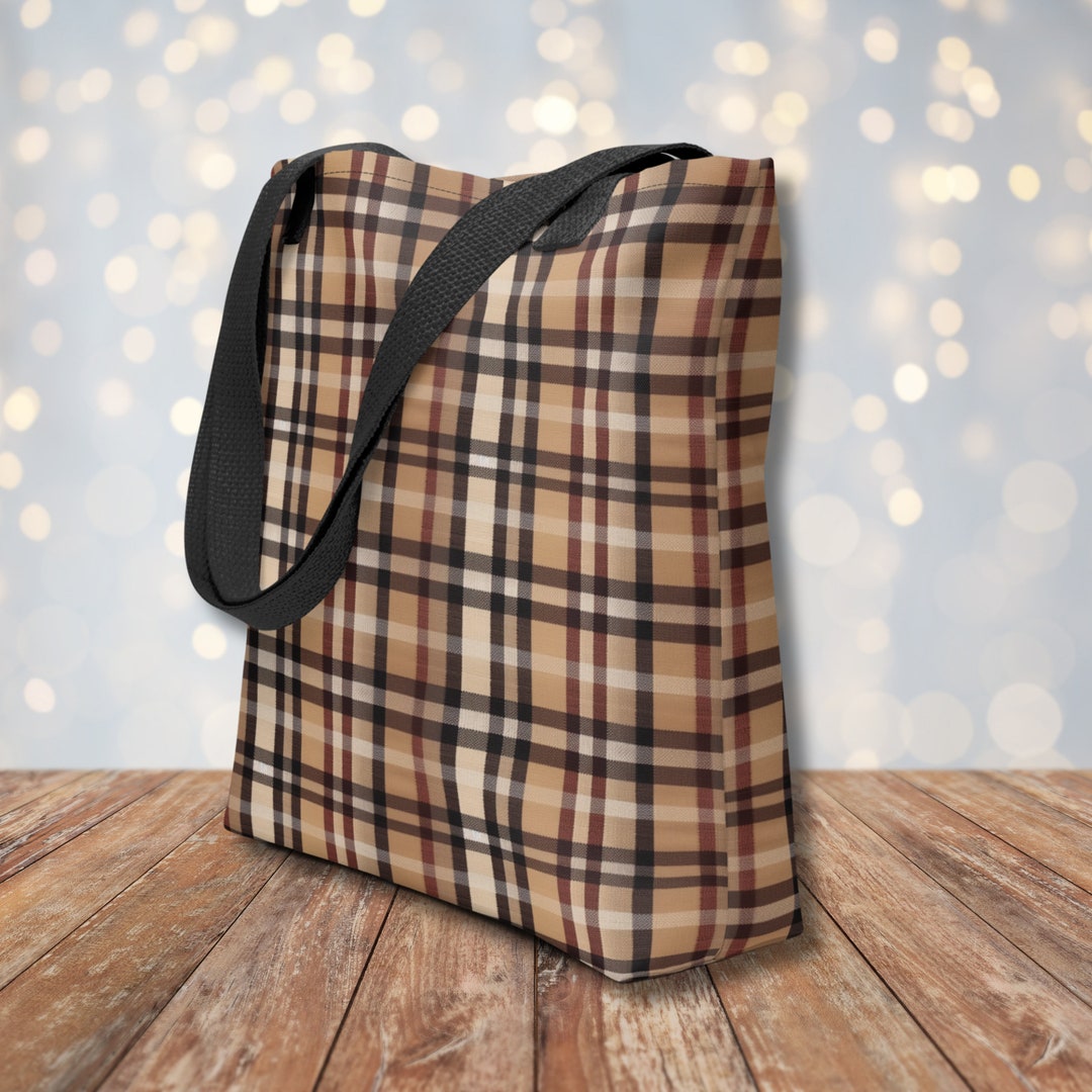 Warm Brown Bread Plaid Tote, Reusable Artsy Grocery Bag, 15x15, Trendy ...
