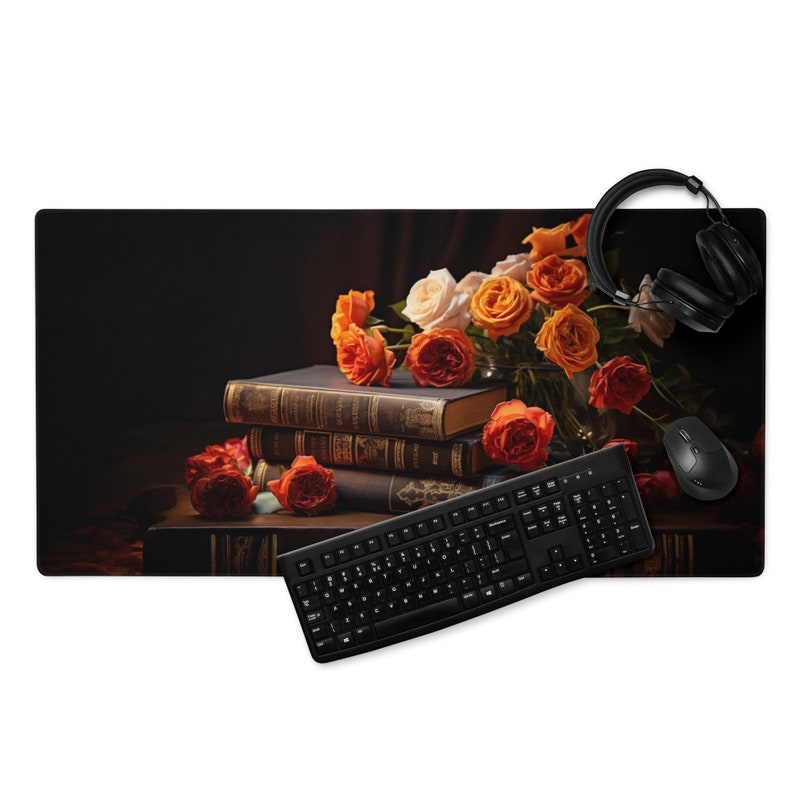Books & Roses Mouse Pad 36x18, Desk Pad, 18x16 Mat, Cubicle Carpet ...