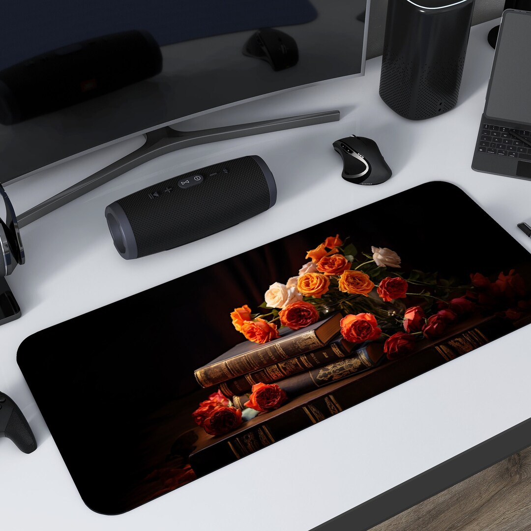 Books & Roses Mouse Pad 36x18, Desk Pad, 18x16 Mat, Cubicle Carpet ...