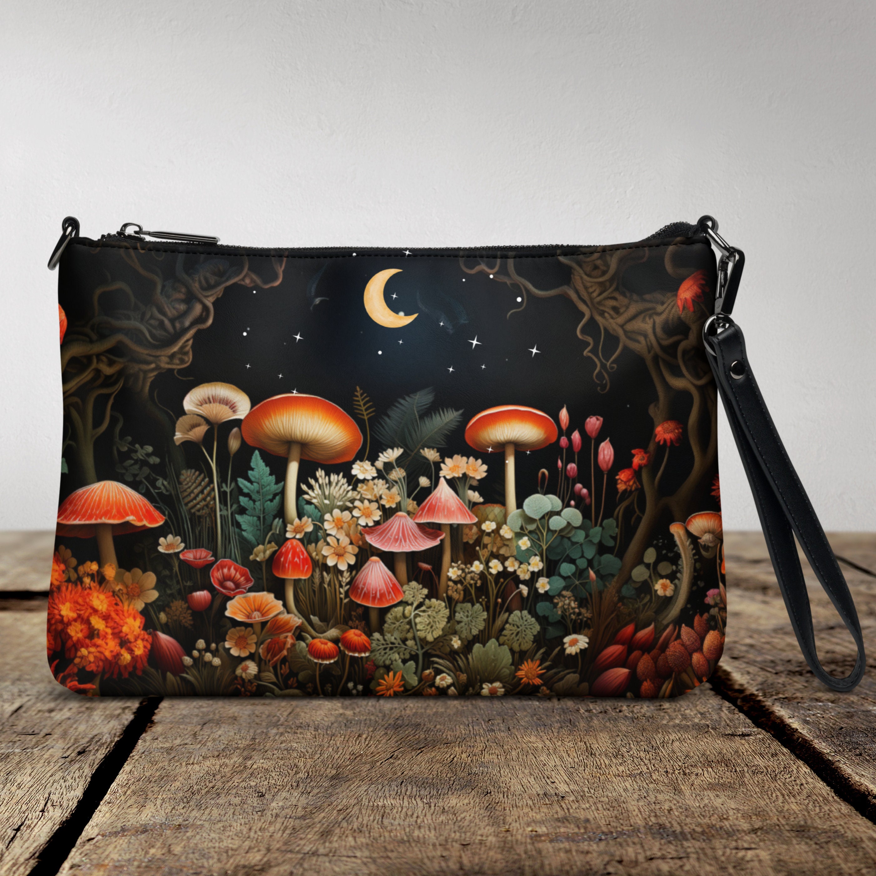 Midnight Mushroom Crossbody Purse, Removable & Adjustable Straps, Faux ...