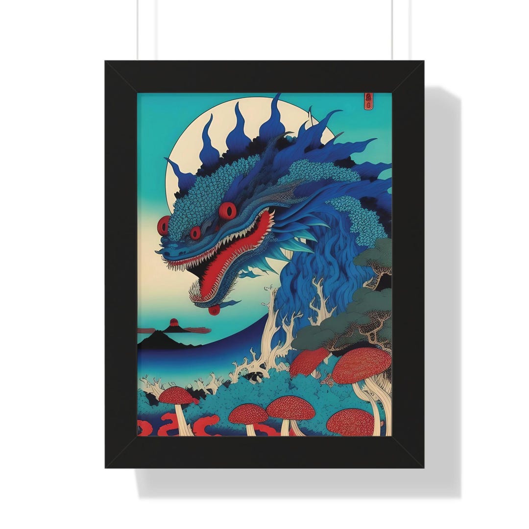 Japanese Monster Art Print, Blue Dragon Kaiju Wall Decor, Vintage ...