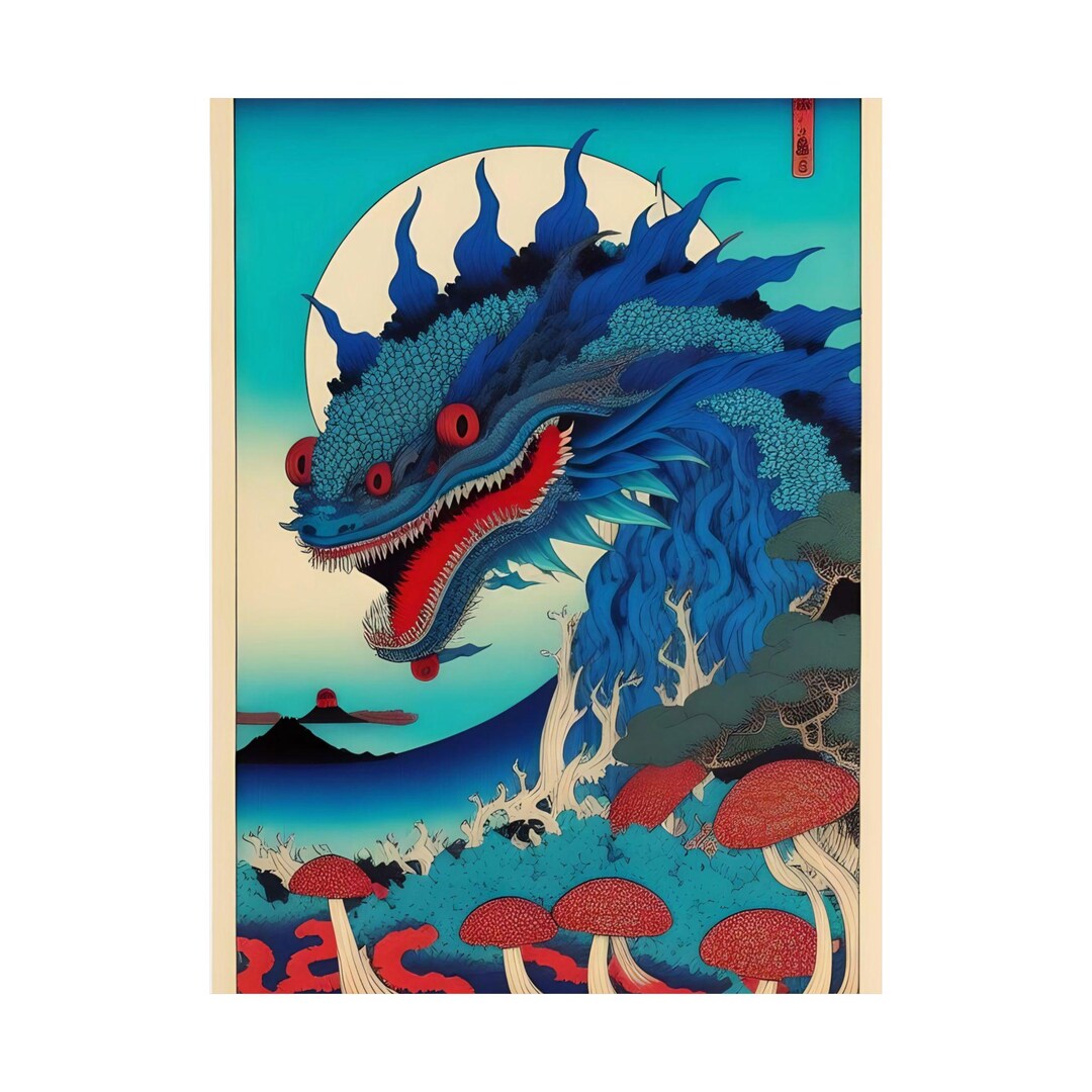 Japanese Monster Poster, Blue Dragon Kaiju Print, Vintage Fantasy Art ...